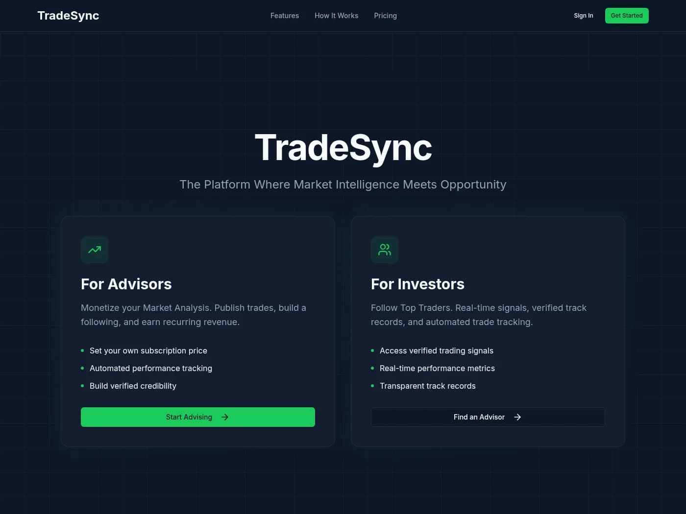 TradeSync Fintech Landing Page with Dark Mode & Neon Accents