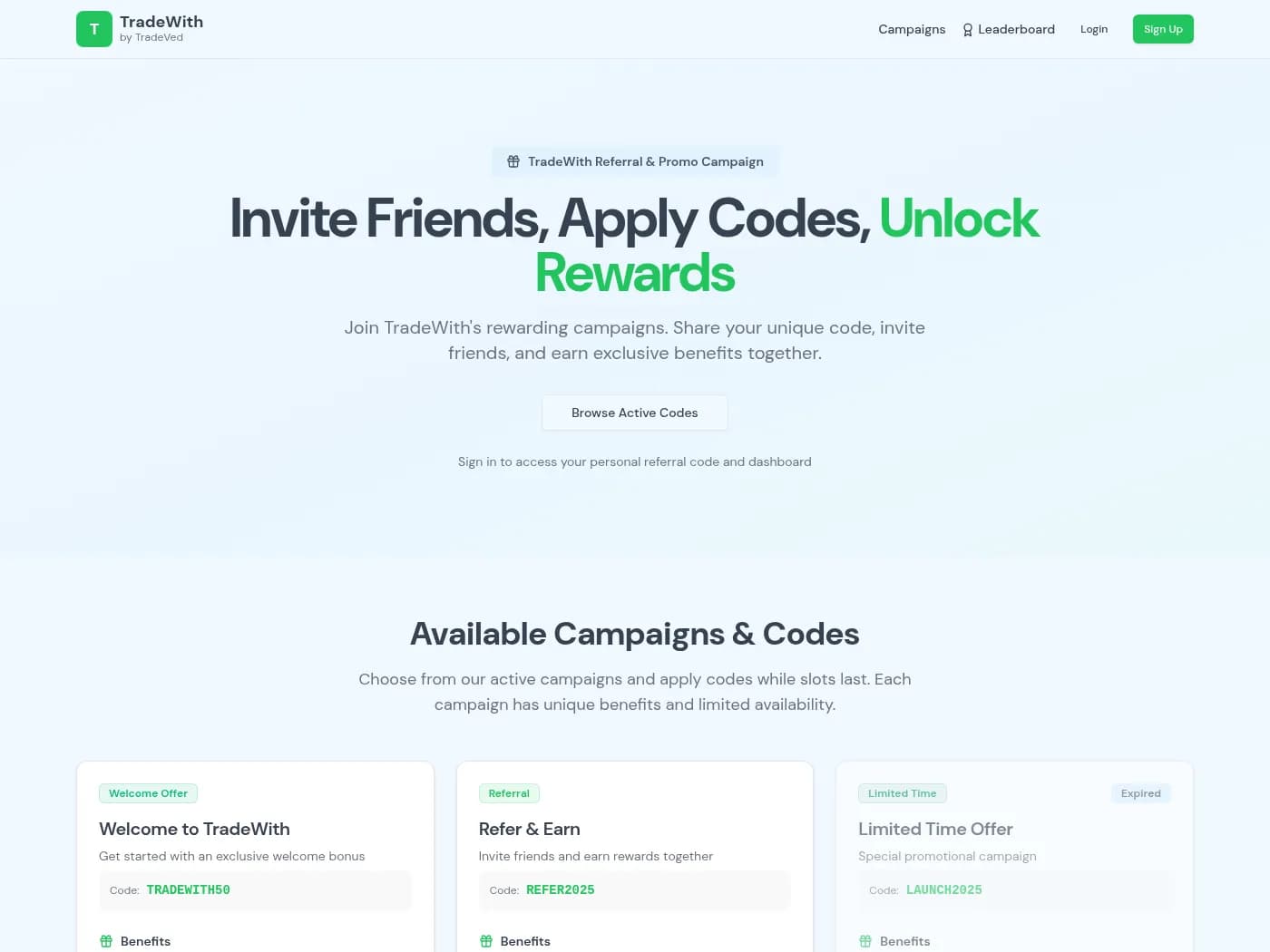 TradeWith Referral & Promo Campaign Landing Page