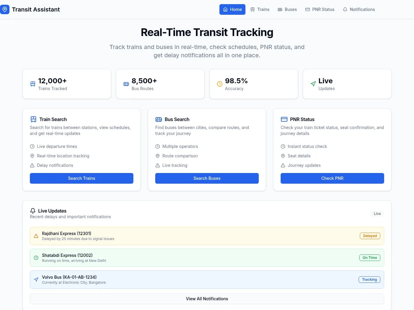Transit Assistant: Real-Time Train & Bus Tracker with Live Status, Schedules, and Delay Alerts
