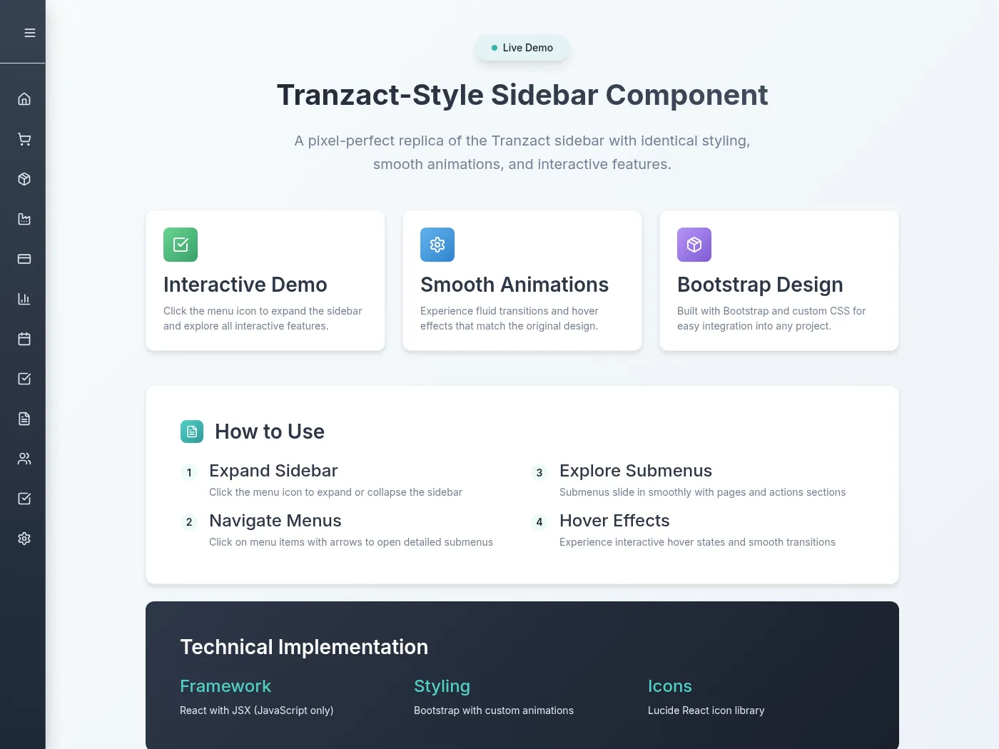 Tranzact-Style Animated Sidebar Component