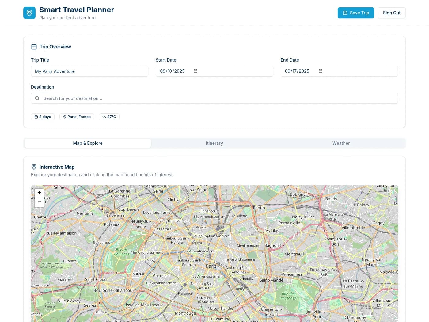 Smart Travel Planner with Map, Itinerary & Weather