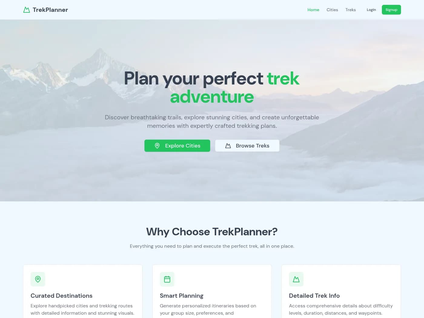 TrekPlanner Nature-Inspired Travel & Trekking Web App Frontend