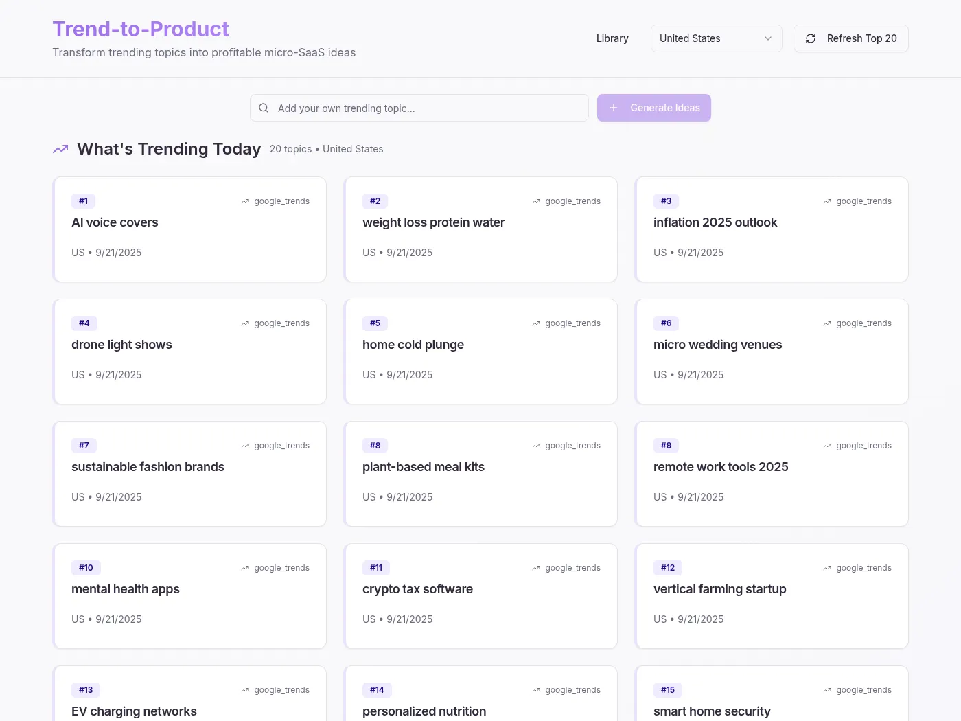 Trend-to-Product: AI-Powered Trend Exploration and Automated Micro-SaaS Ideation Web App