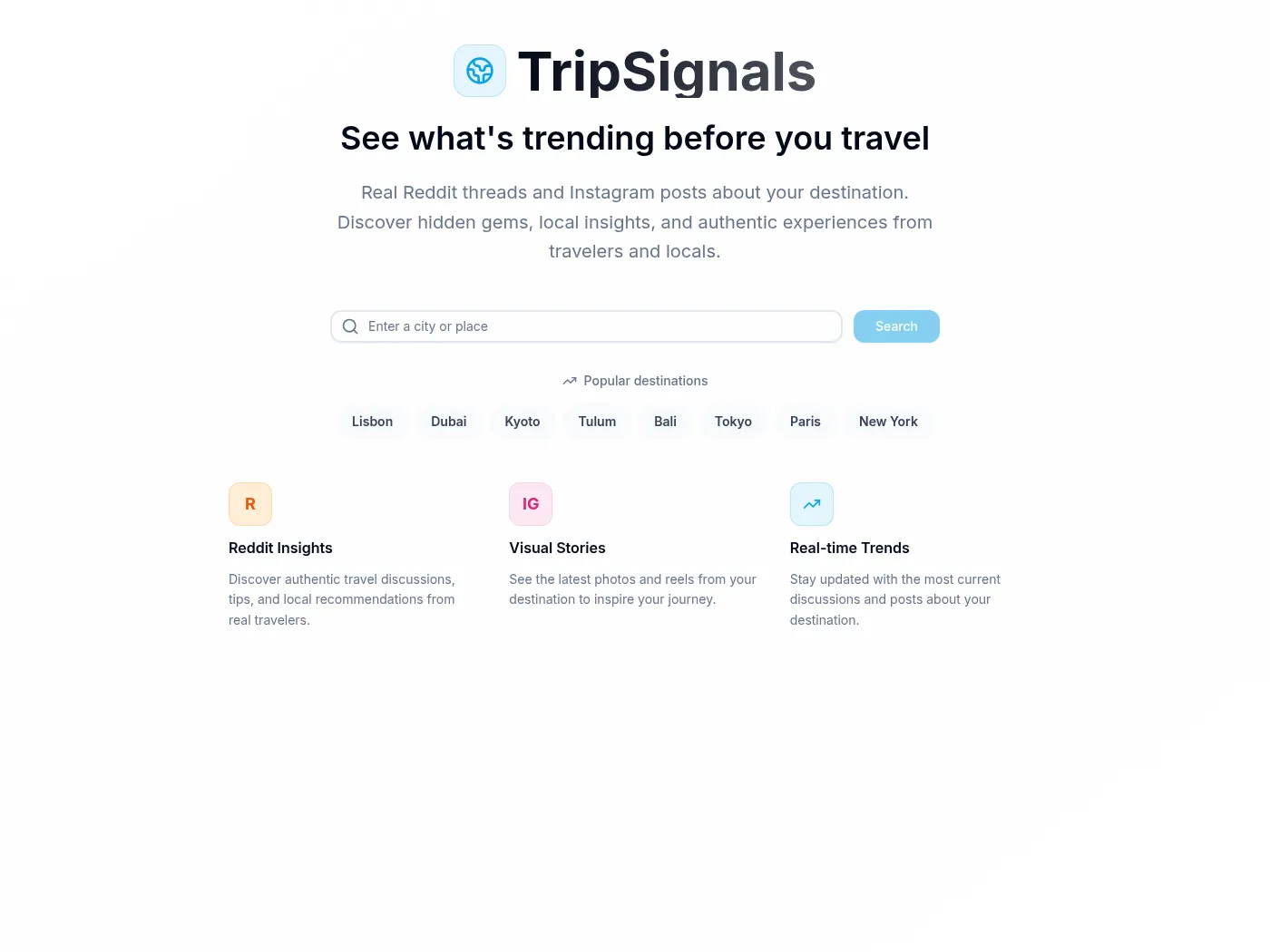 TripSignals – Travel Itinerary Explorer with Reddit and Instagram Insights
