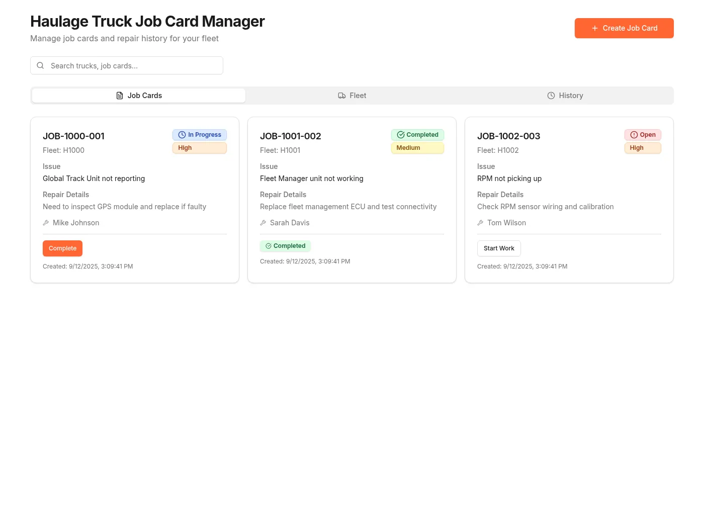 Haulage Truck Job Card Manager