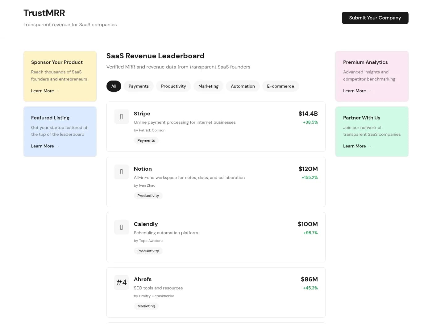 TrustMRR Clone - SaaS Review & Earnings Transparency Platform