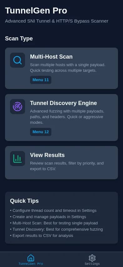 TunnelGen Pro: Advanced SNI Tunnel & HTTP/S Bypass Scanner App