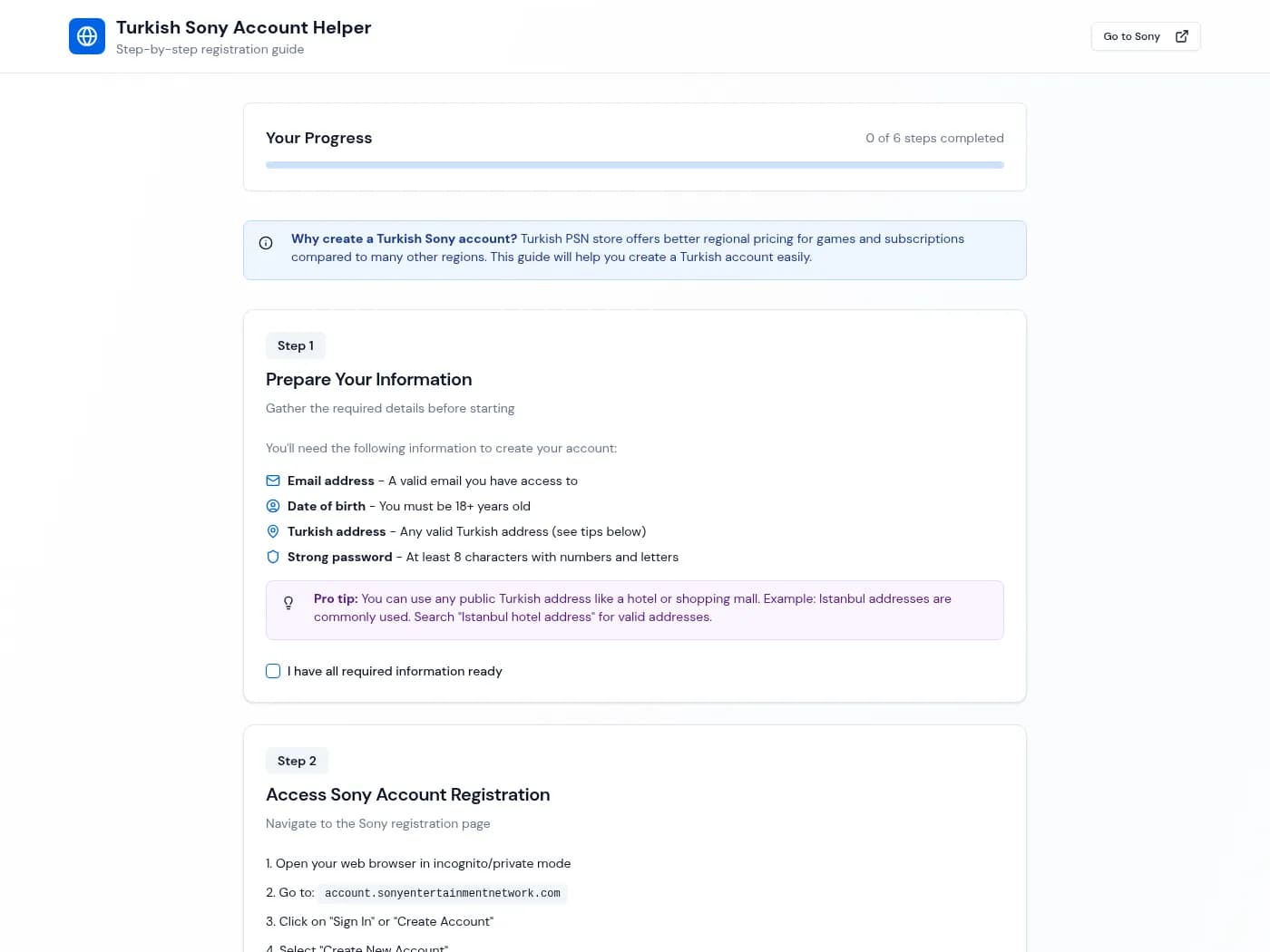 Turkish Sony Account Registration Helper