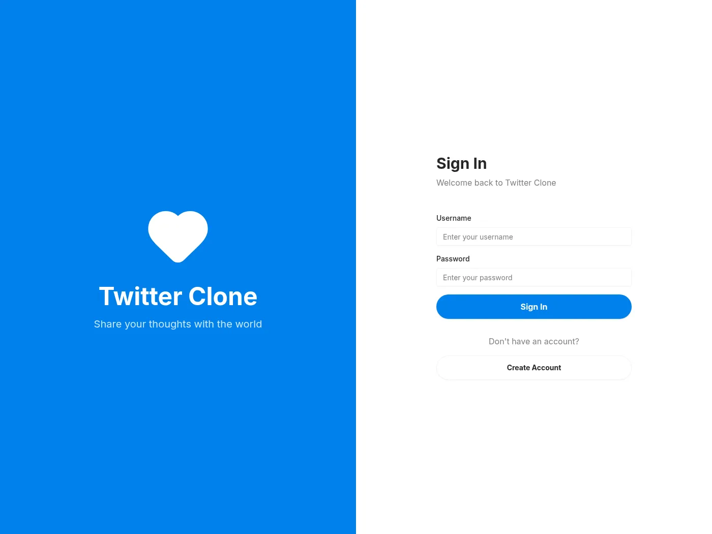 Minimal Twitter Clone with Username and Password Sign-Up