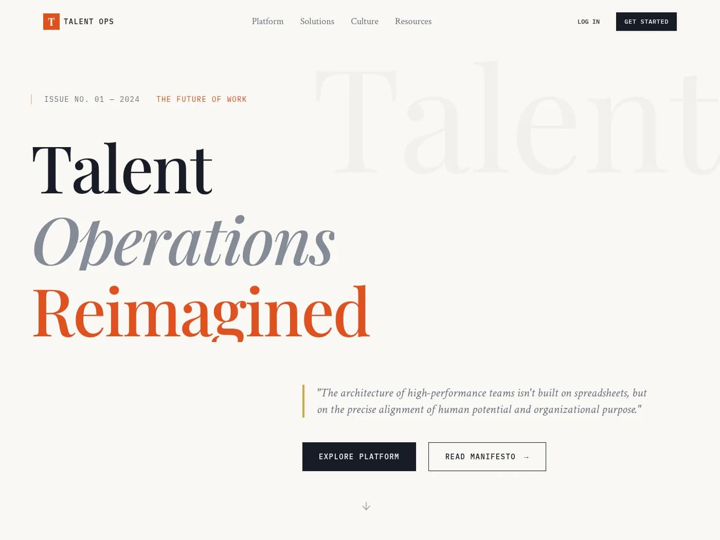 Typographic Landing Page for Talent Operations Platform