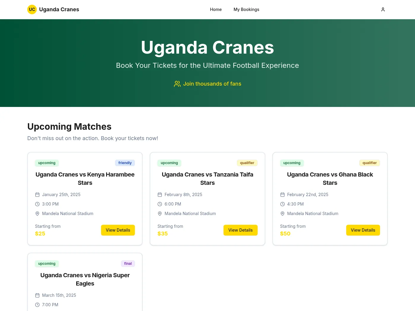 Uganda Cranes Online Match Ticket Booking System