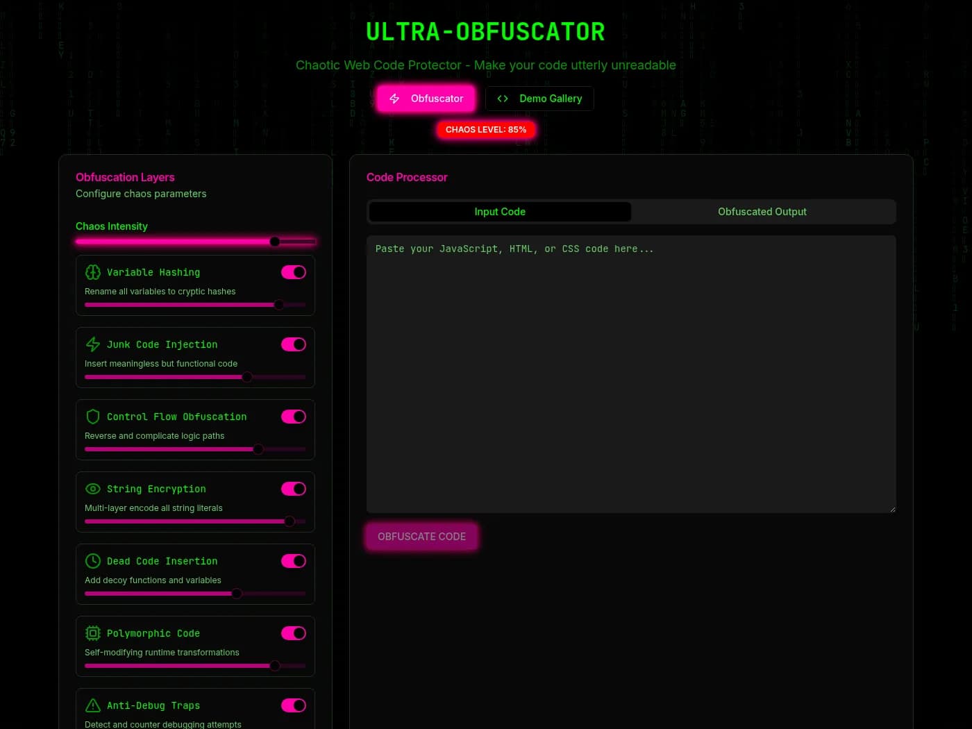 Ultra-Obfuscator: Multilayered Chaotic Web Code Protector