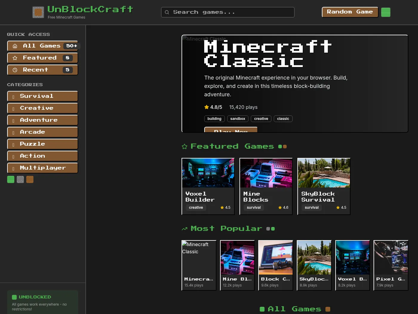 Unblocked Minecraft Web Game Portal