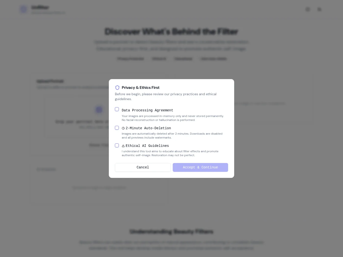 Unfilter – Reverse Beauty Filters AI Web App with Privacy & Explainability