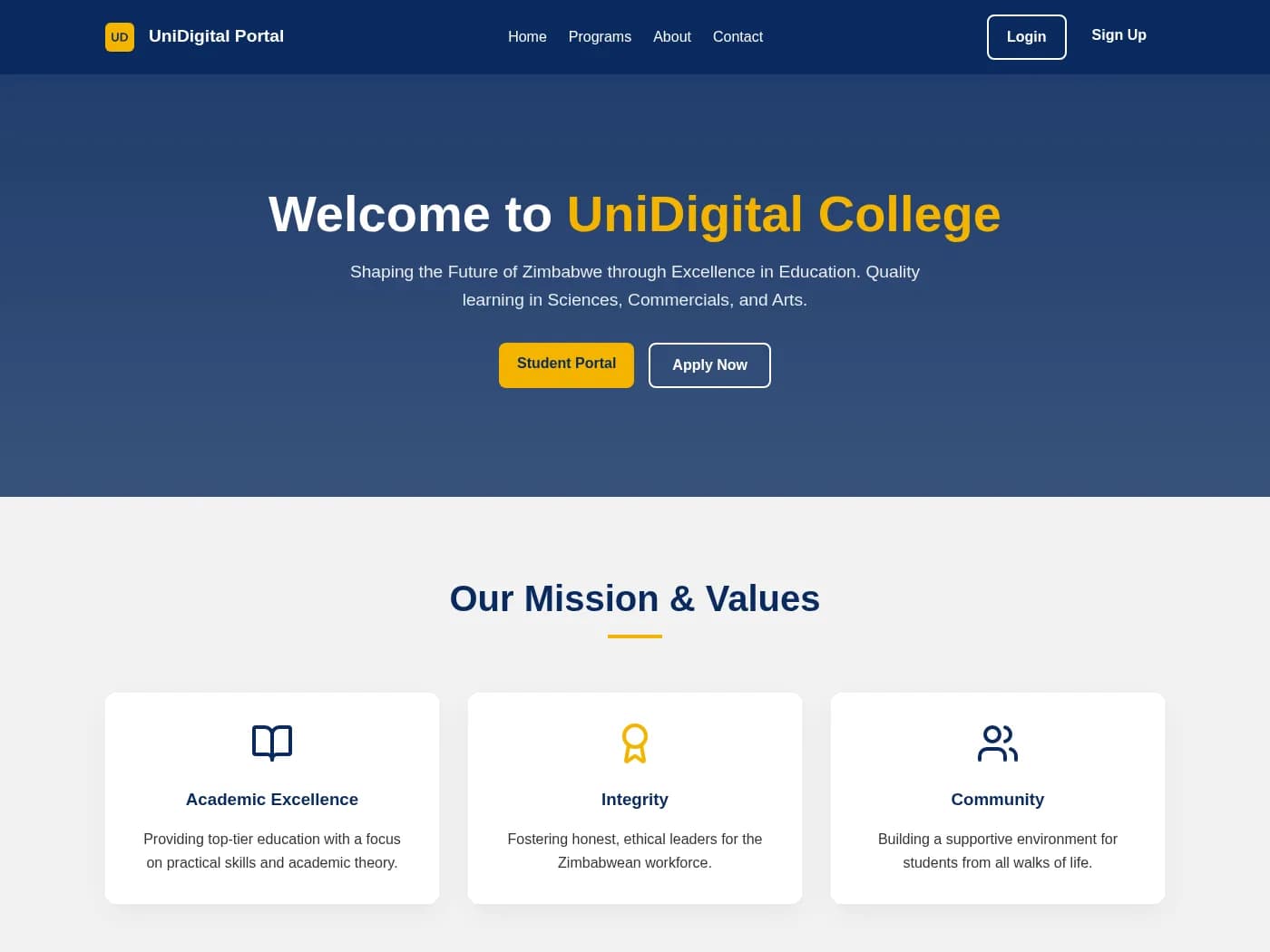 UniDigital College Portal – Zimbabwe College Student Dashboard (Frontend Only)