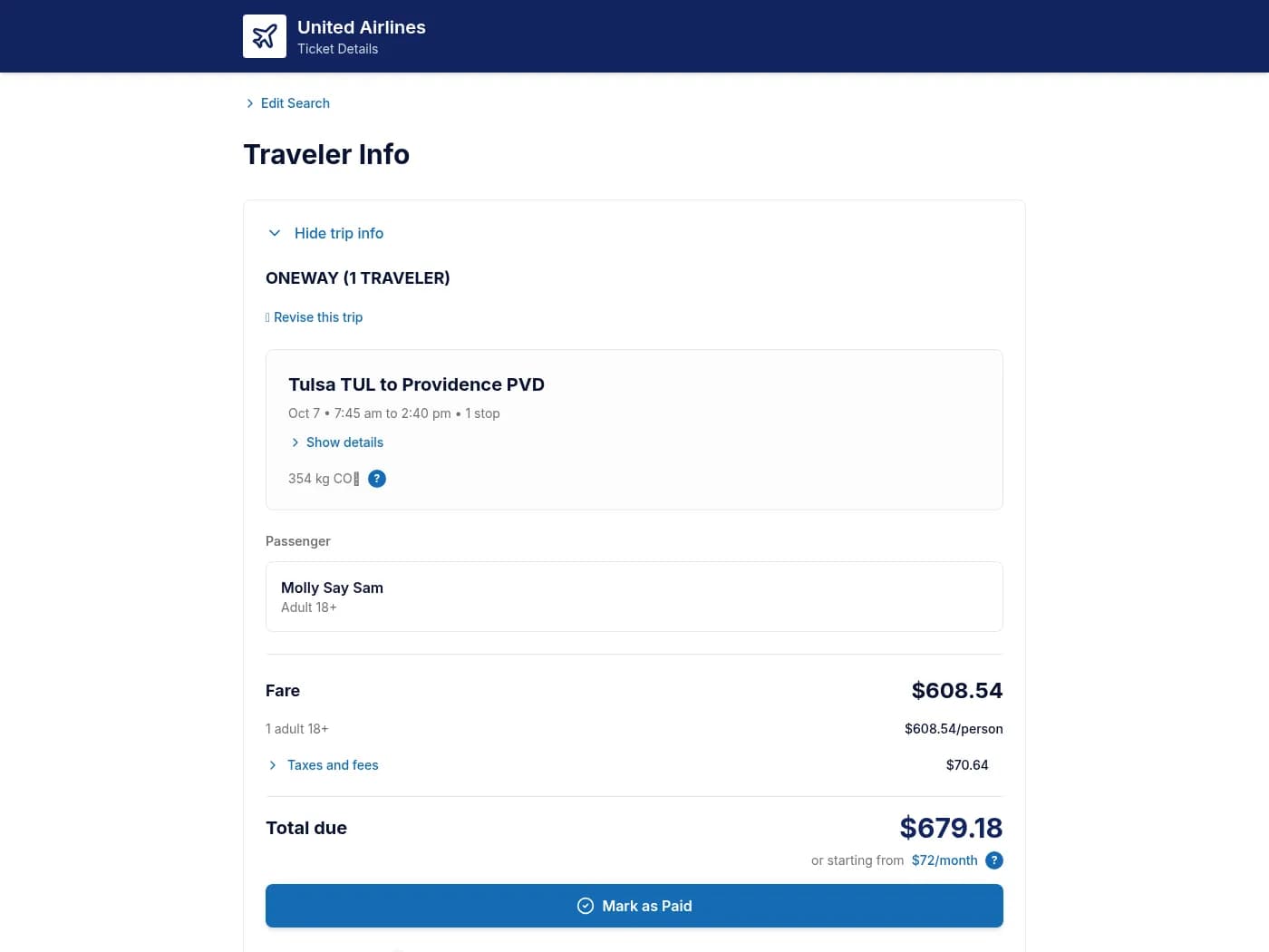 United Airline Paid Tickets Dashboard for Molly Say Sam