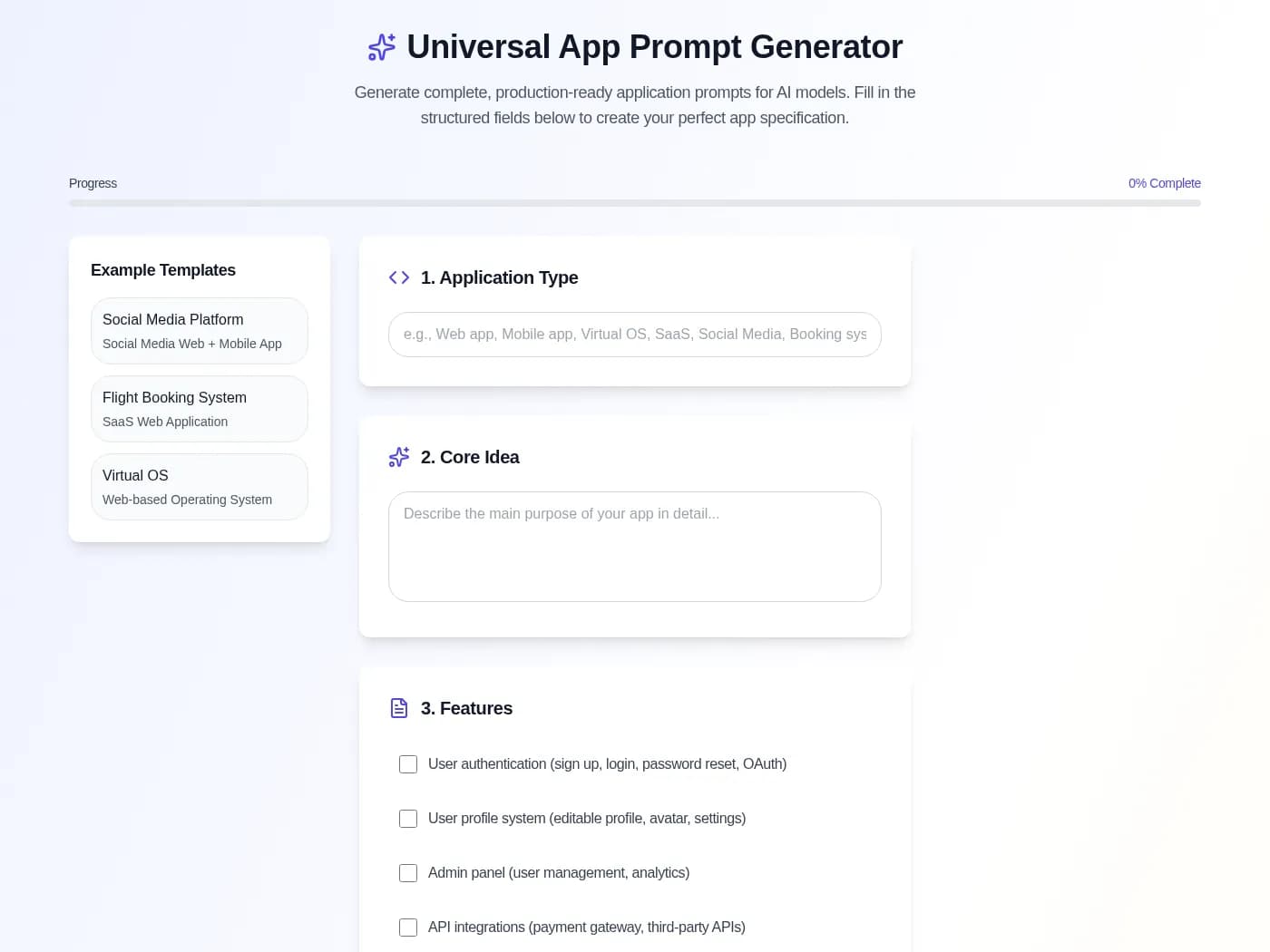 Universal Full Application-Building Prompt Generator