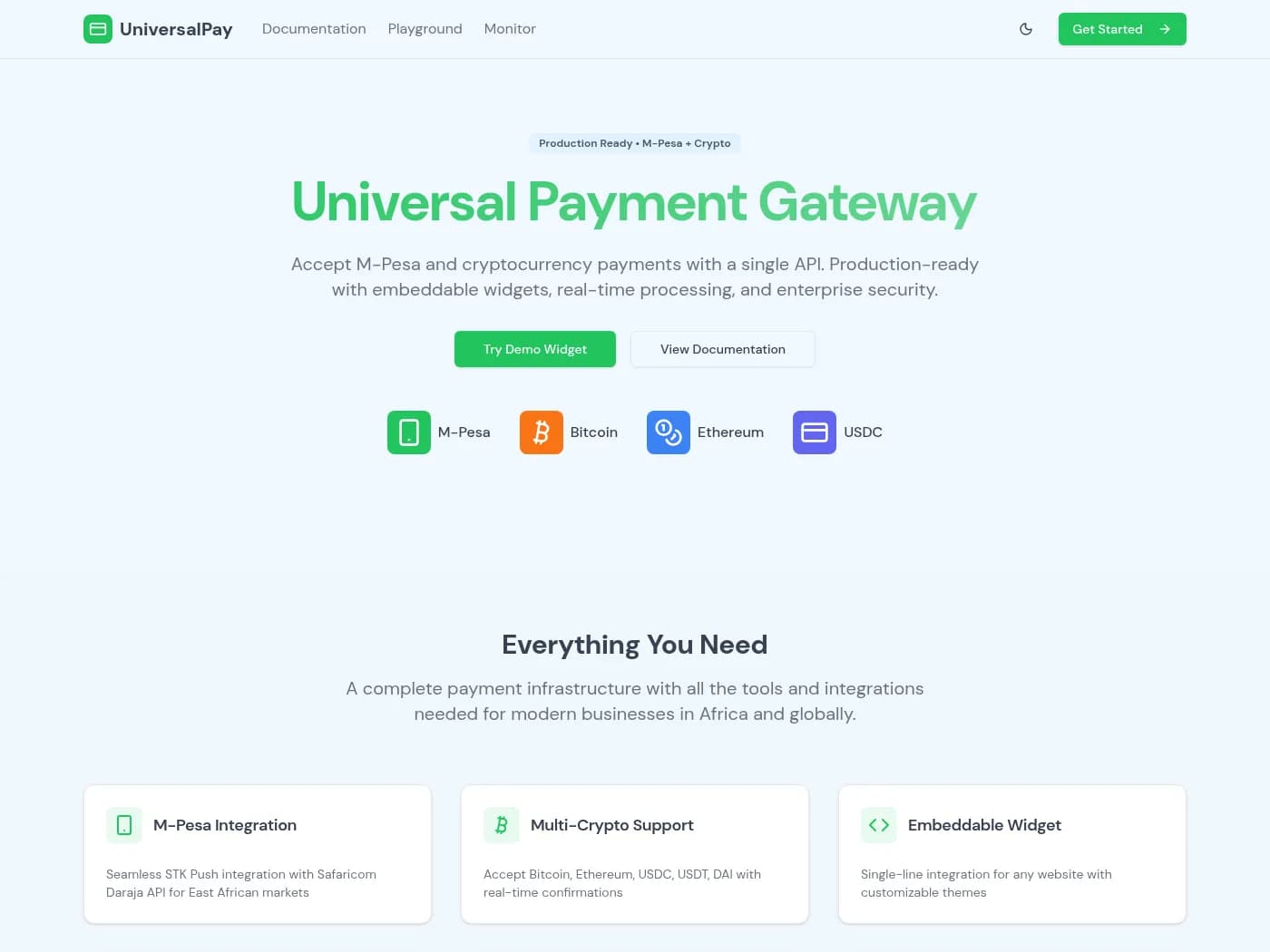 Universal Payment Gateway for MPesa and Cryptocurrencies with Embeddable Widget
