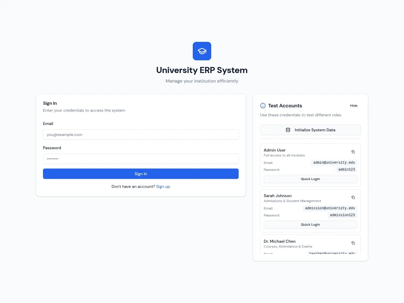 University Management ERP System with Modular Role-Based Interface