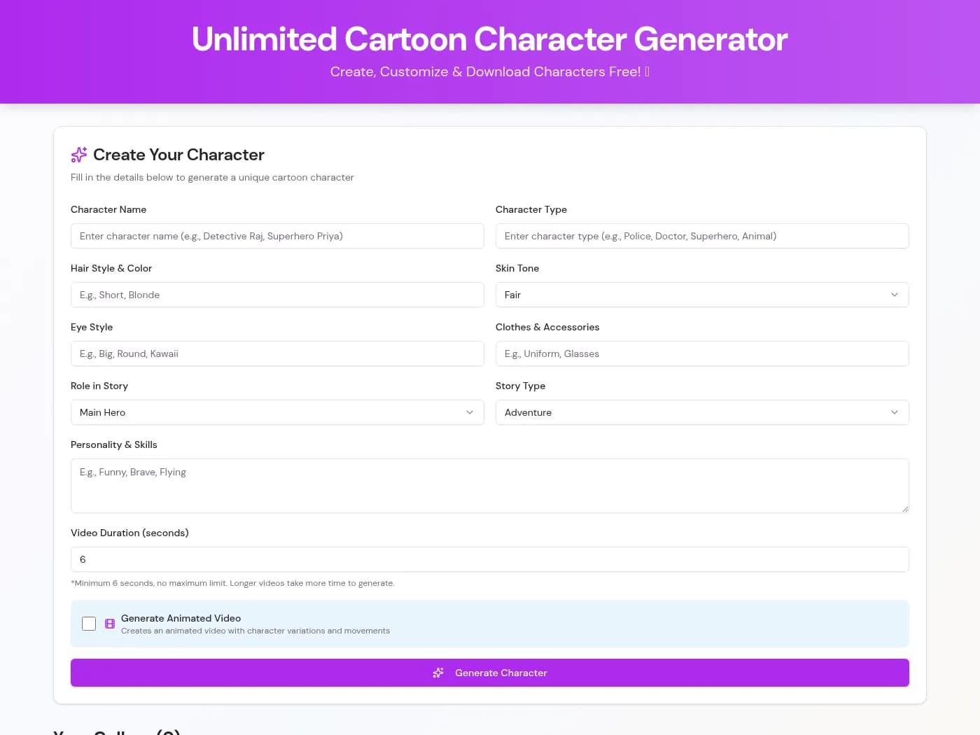 Unlimited Cartoon Character & Video Generator