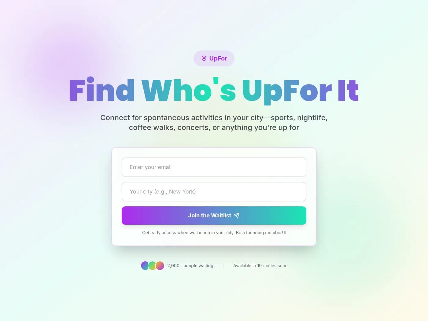 UpFor Landing Page - Connect for Spontaneous City Activities