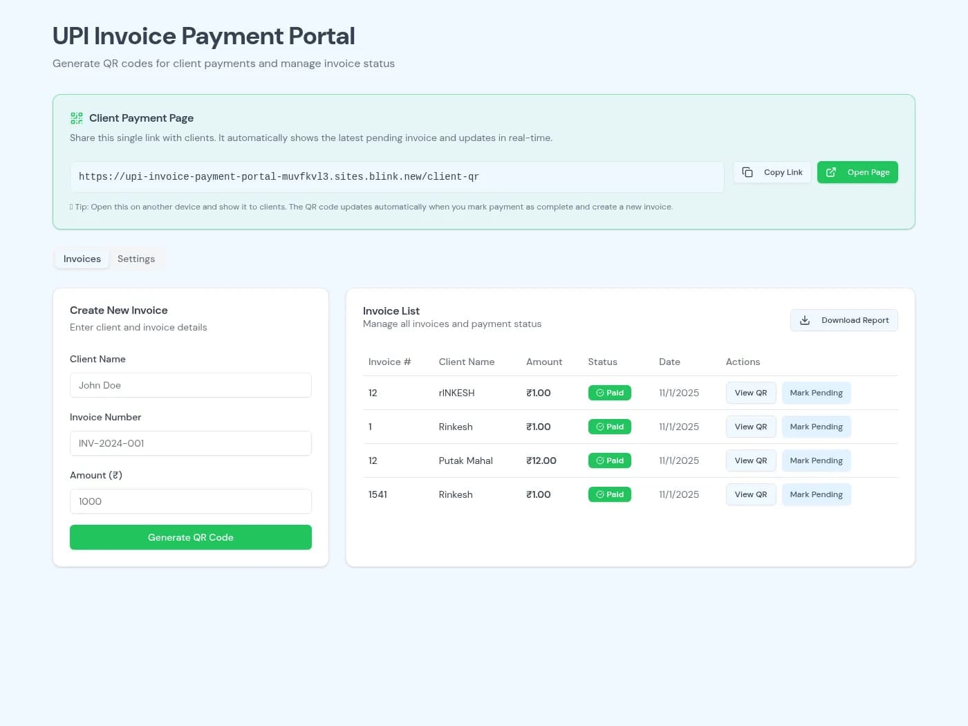 UPI Invoice Payment Portal with QR Code Generation