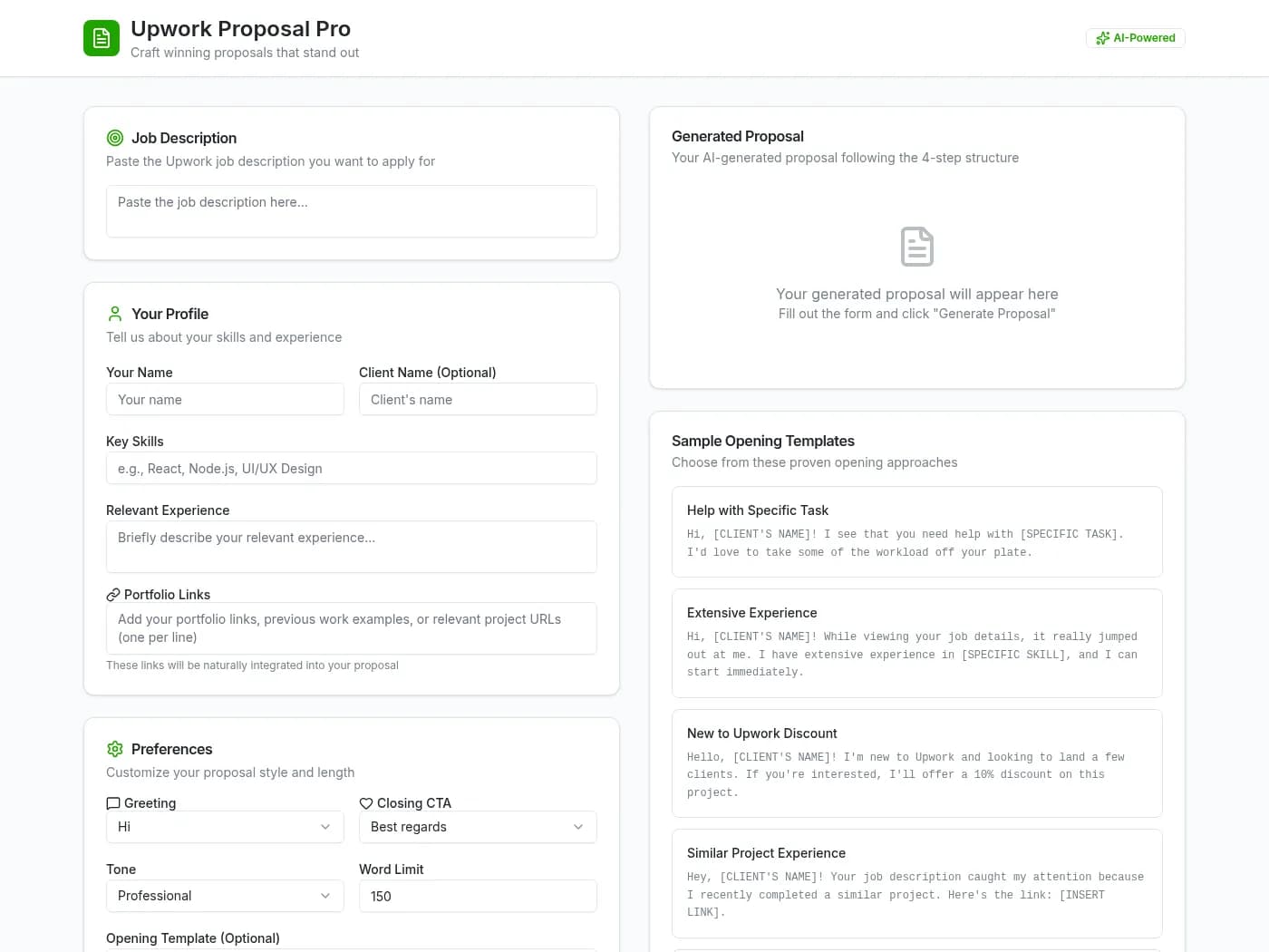 Upwork Proposal Pro: Personalized Proposal Generator for Freelancers