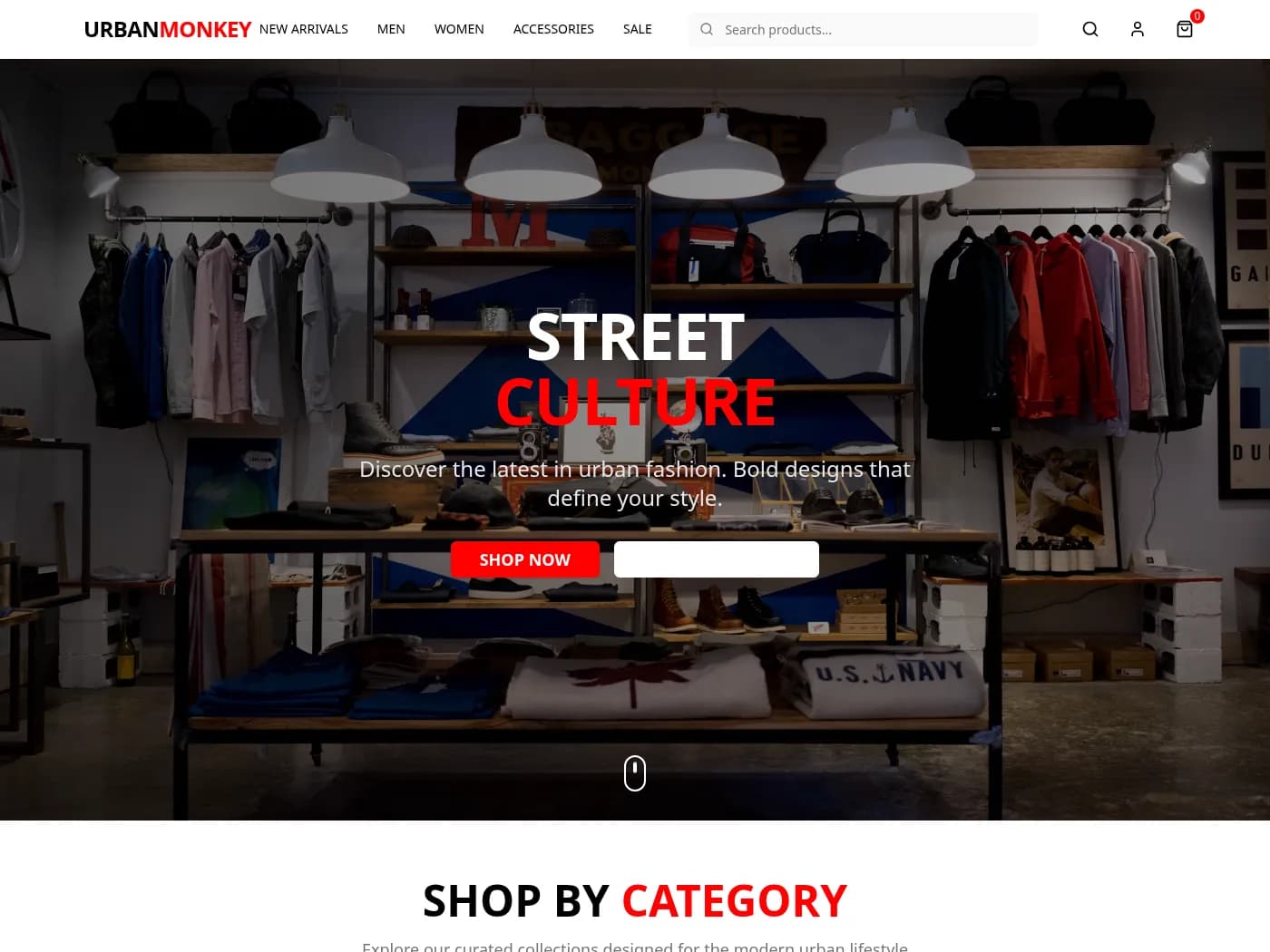 Urban Monkey Inspired Ecommerce Home Page