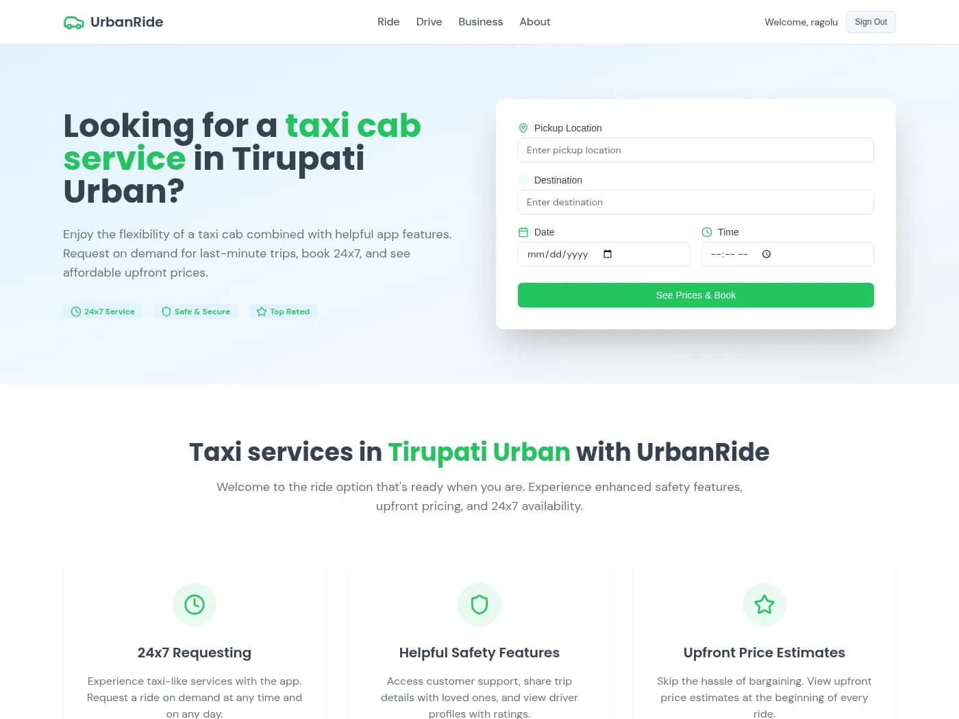 Urban Taxi Booking Web App with Enhanced Account Features