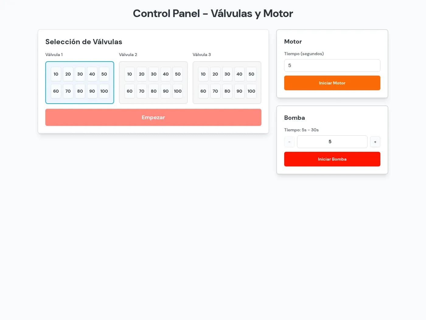 Valve and Motor Selection Control Panel