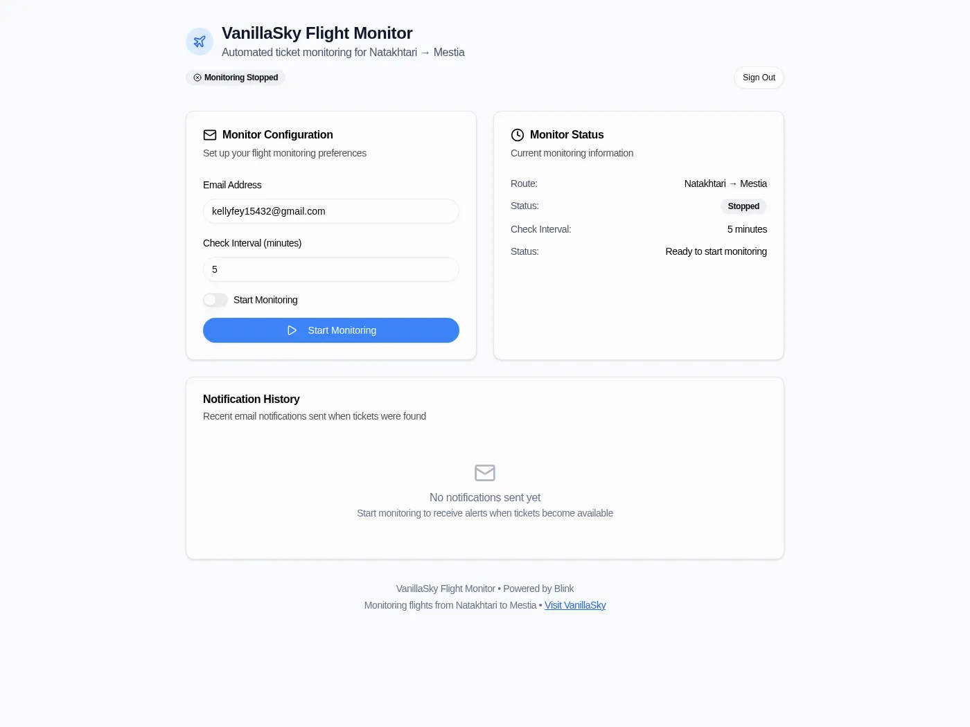 VanillaSky Flight Ticket Monitor & Email Alert