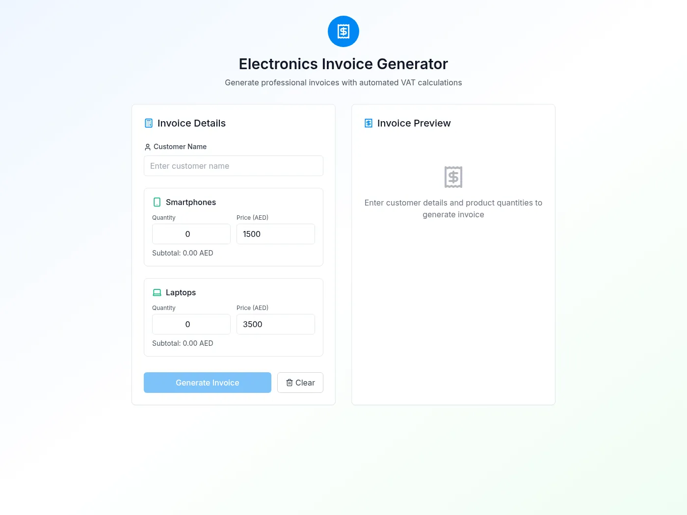 VAT-Enabled Electronics Invoice Generator