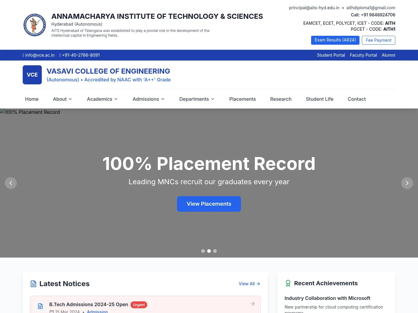 VCE Website Clone with AITS Hyderabad Information Banner
