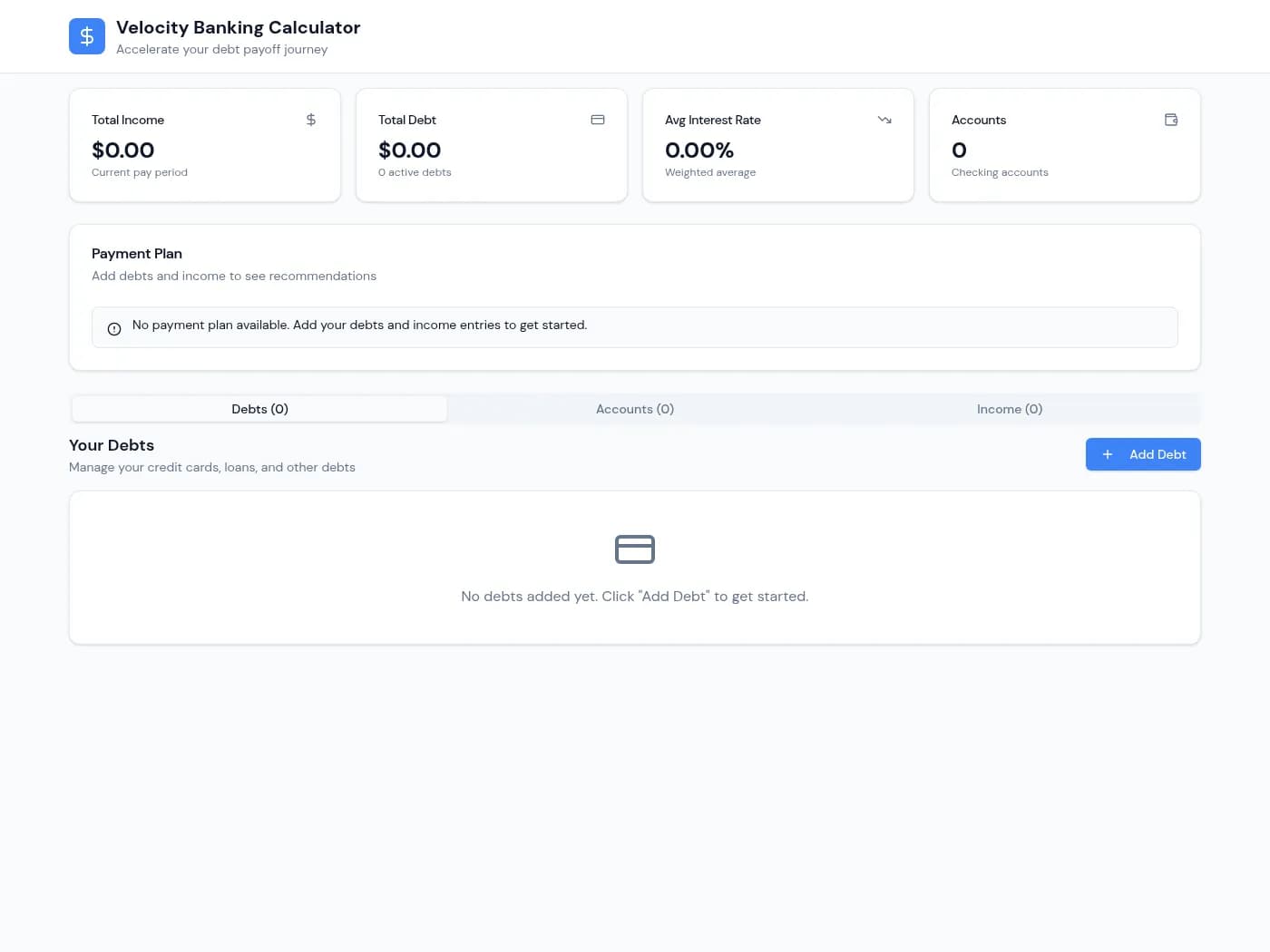 Velocity Banking Debt Payoff Calculator