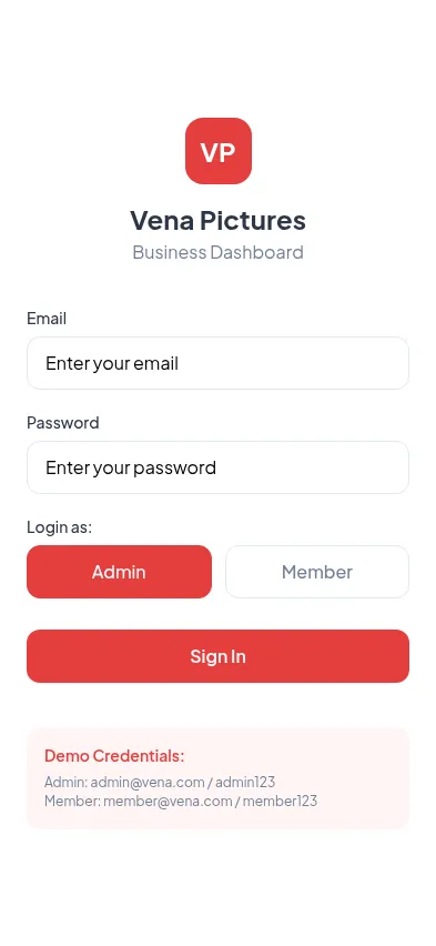 Vena Pictures Mobile Business Dashboard & Client Portal