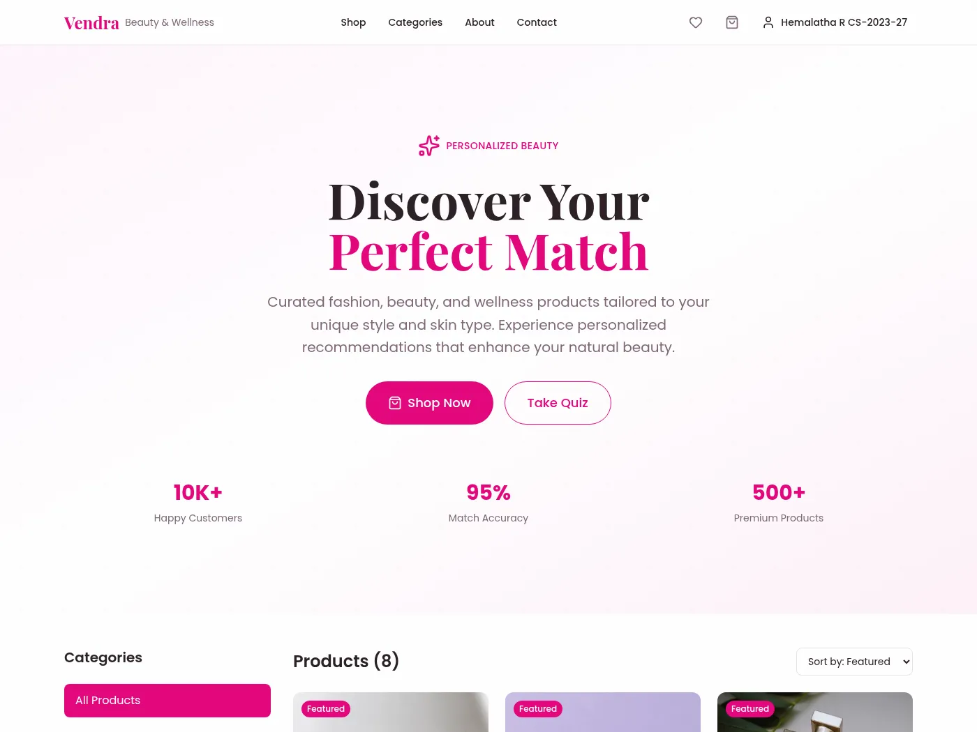 Vendra: Personalized Fashion, Beauty & Wellness Web Platform with Stripe Payments