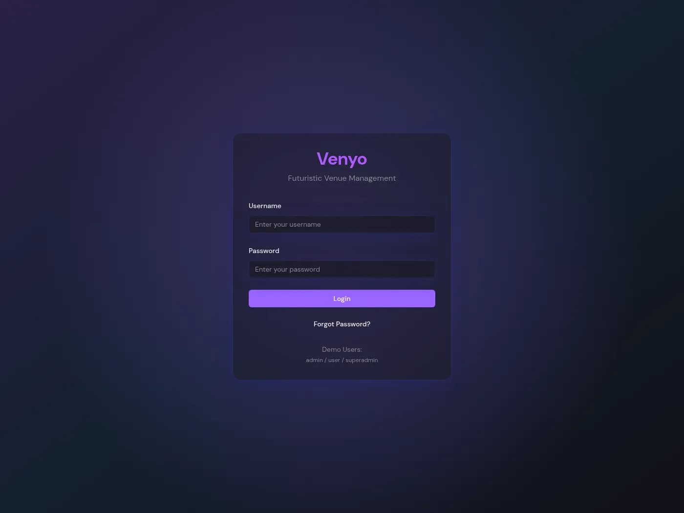Venyo – Futuristic Venue Management Platform with React and Modern Motion UI