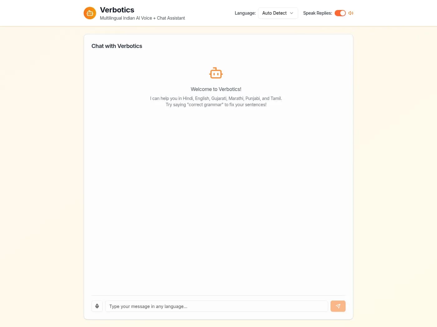 Verbotics Multilingual Indian AI Voice-and-Chat Assistant