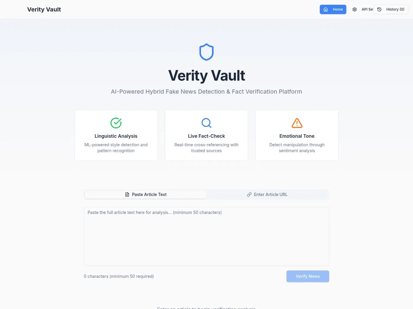 Verity Vault: Hybrid Fake News Detection & Fact Verification Platform