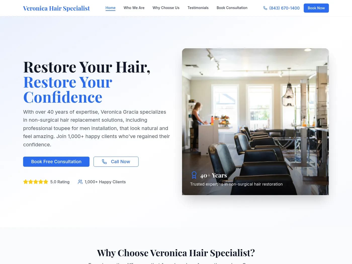Veronica Hair Specialist Website – Modern, Elegant Salon Site for Hair Restoration in Charleston, SC