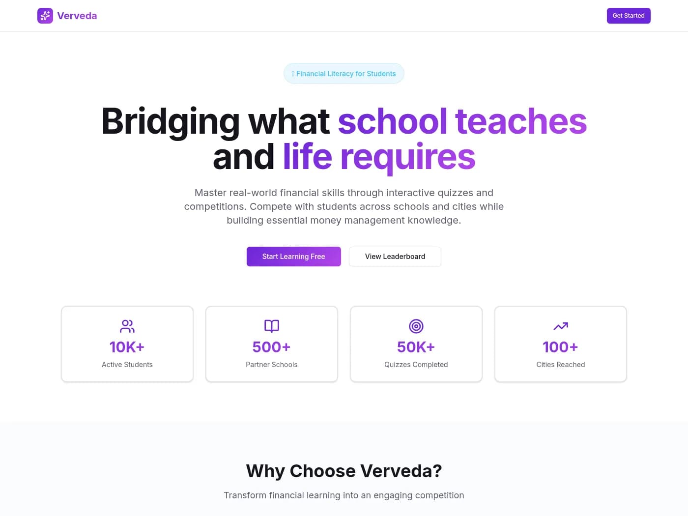 Verveda – Student Financial Literacy Platform & Inter-School Leaderboard