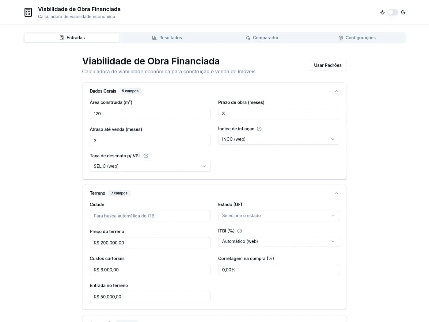 Viabilidade de Obra Financiada — Calculadora Web de Viabilidade Econômica para Construção e Venda de Imóveis Financiados