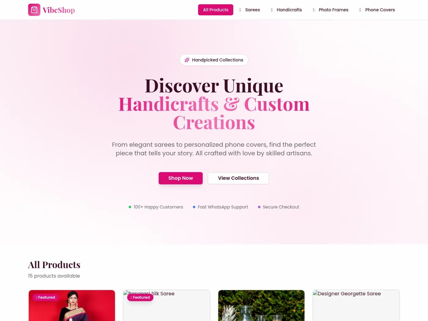 VibeShop - Modern Handicrafts & Custom Products Storefront