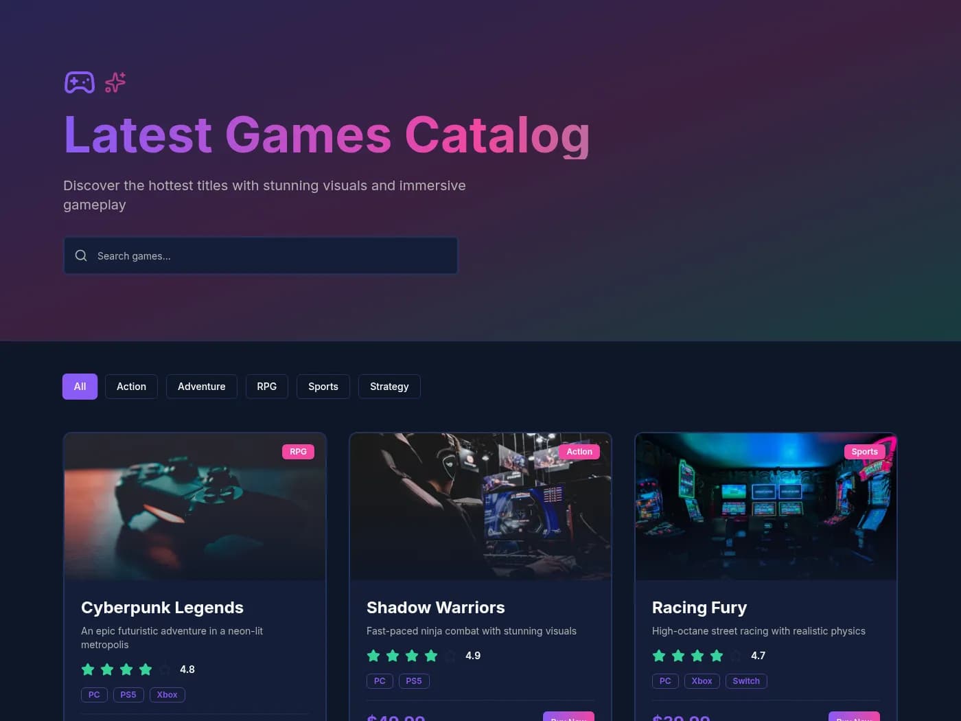 Vibrant Modern Games Catalog
