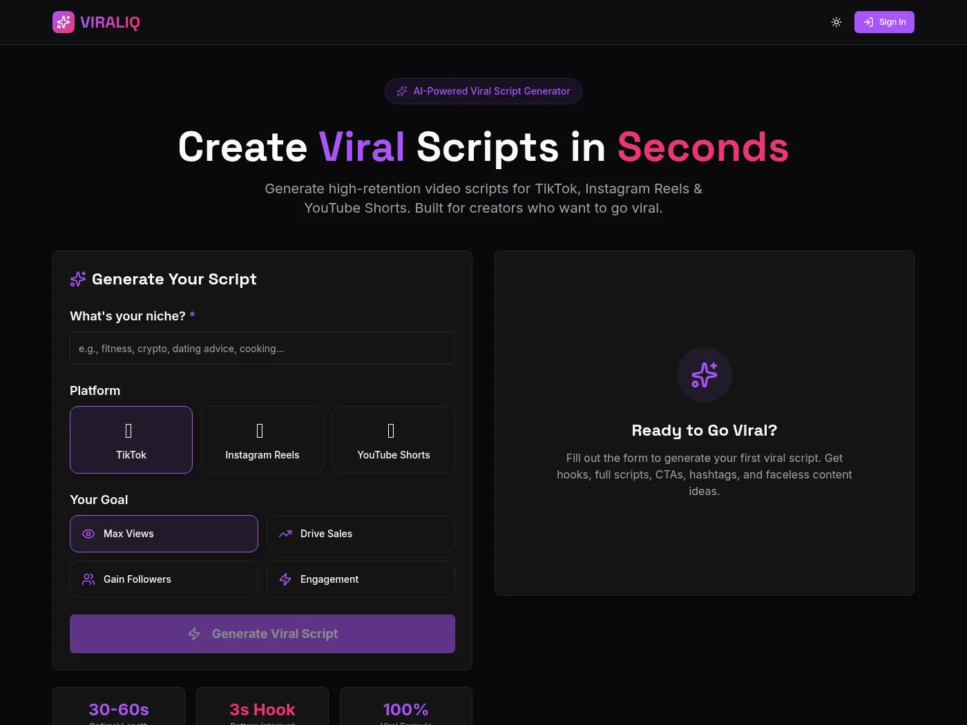 VIRALIQ: AI-Powered Viral Short-Form Video Script Generator for TikTok, Reels & Shorts