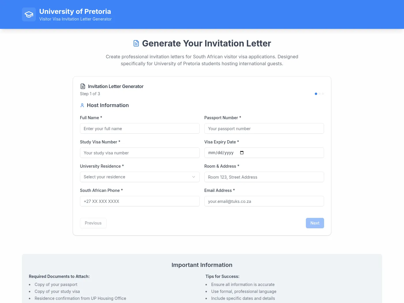 Visitor Visa Invitation Letter Generator for South Africa