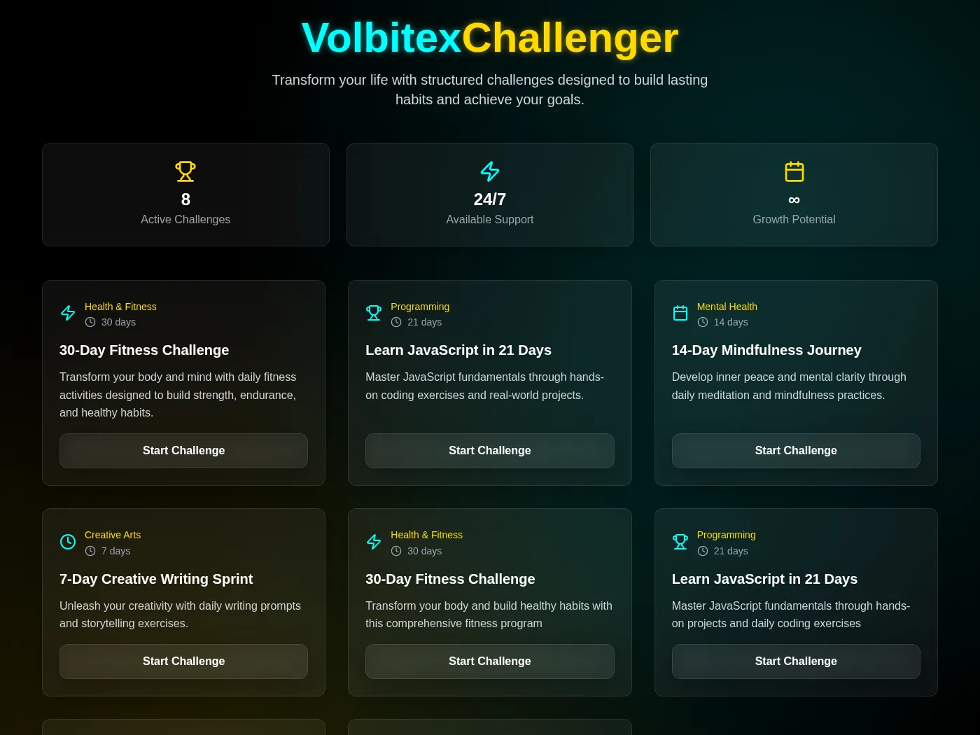 VolbitexChallenger: Interactive Challenge Platform with Liquid Glass UI