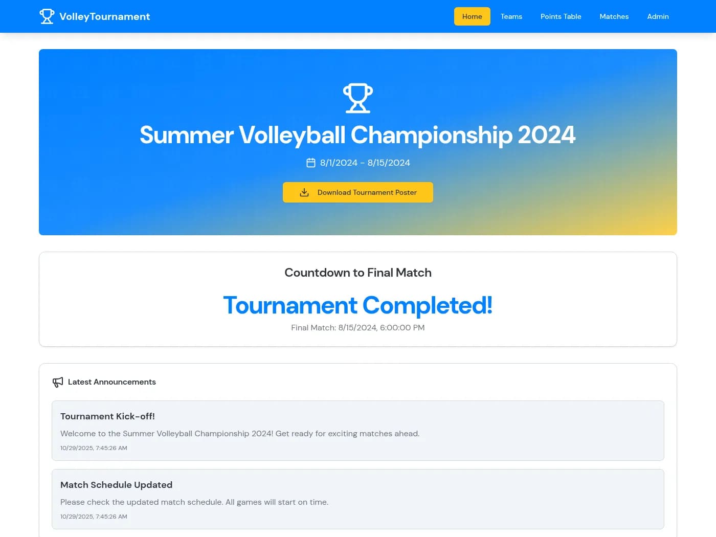 VolleyTournament Manager – Responsive Web App for Volleyball Event Management & Showcase