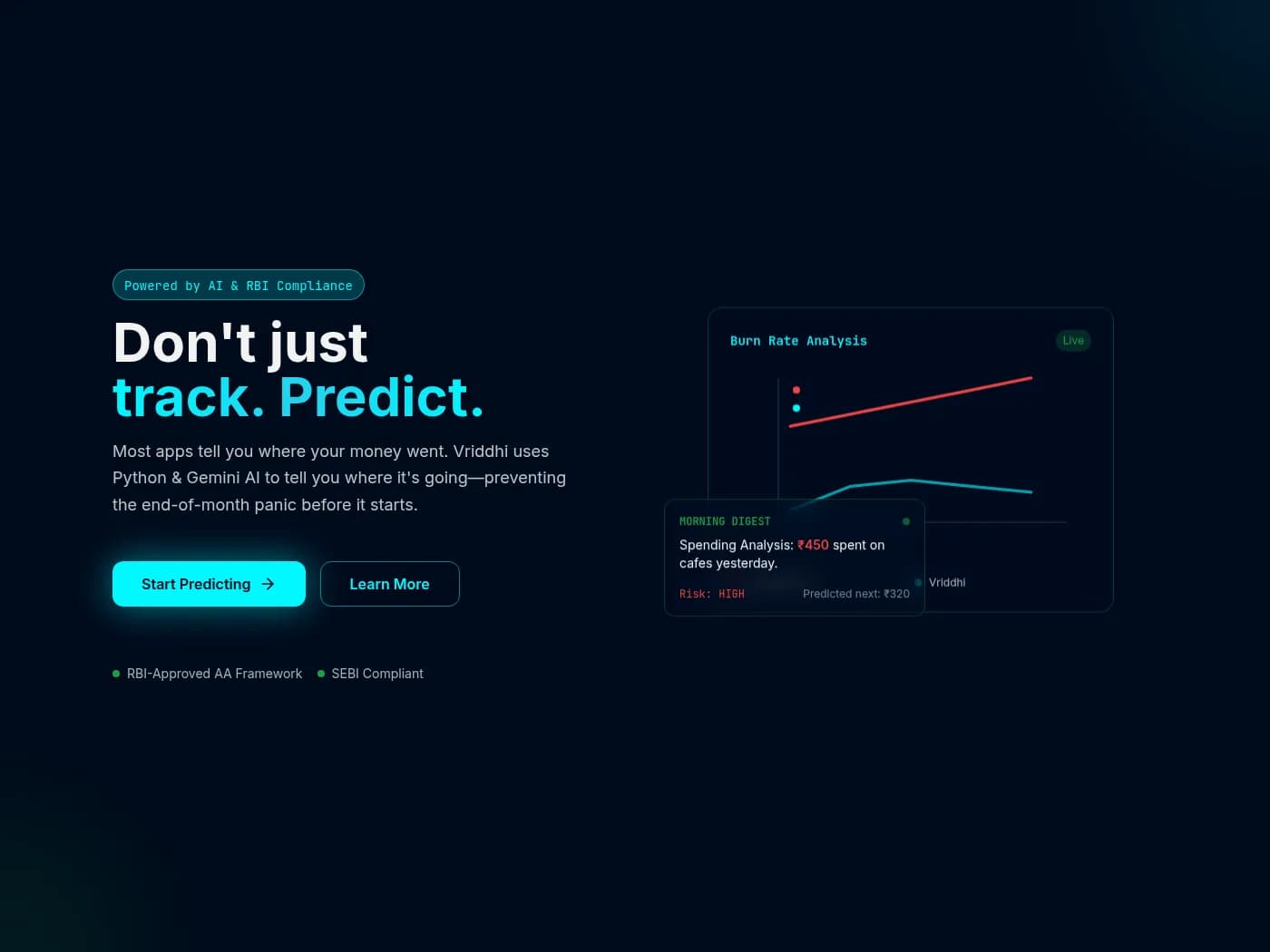 Vriddhi: Predictive Fintech SaaS Landing Page for Indian Gen-Z