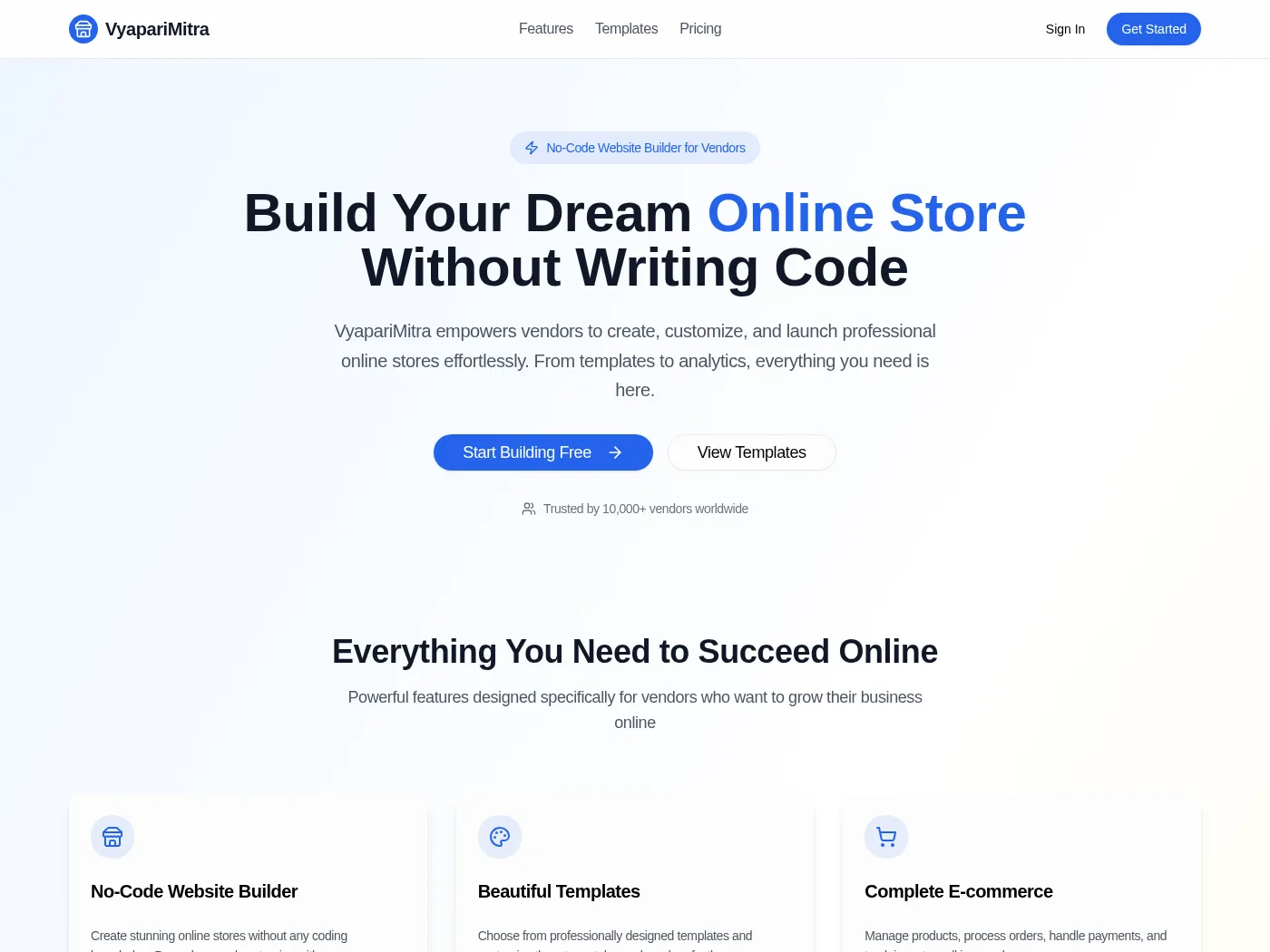 VyapariMitra: No-Code Website Builder for Vendors